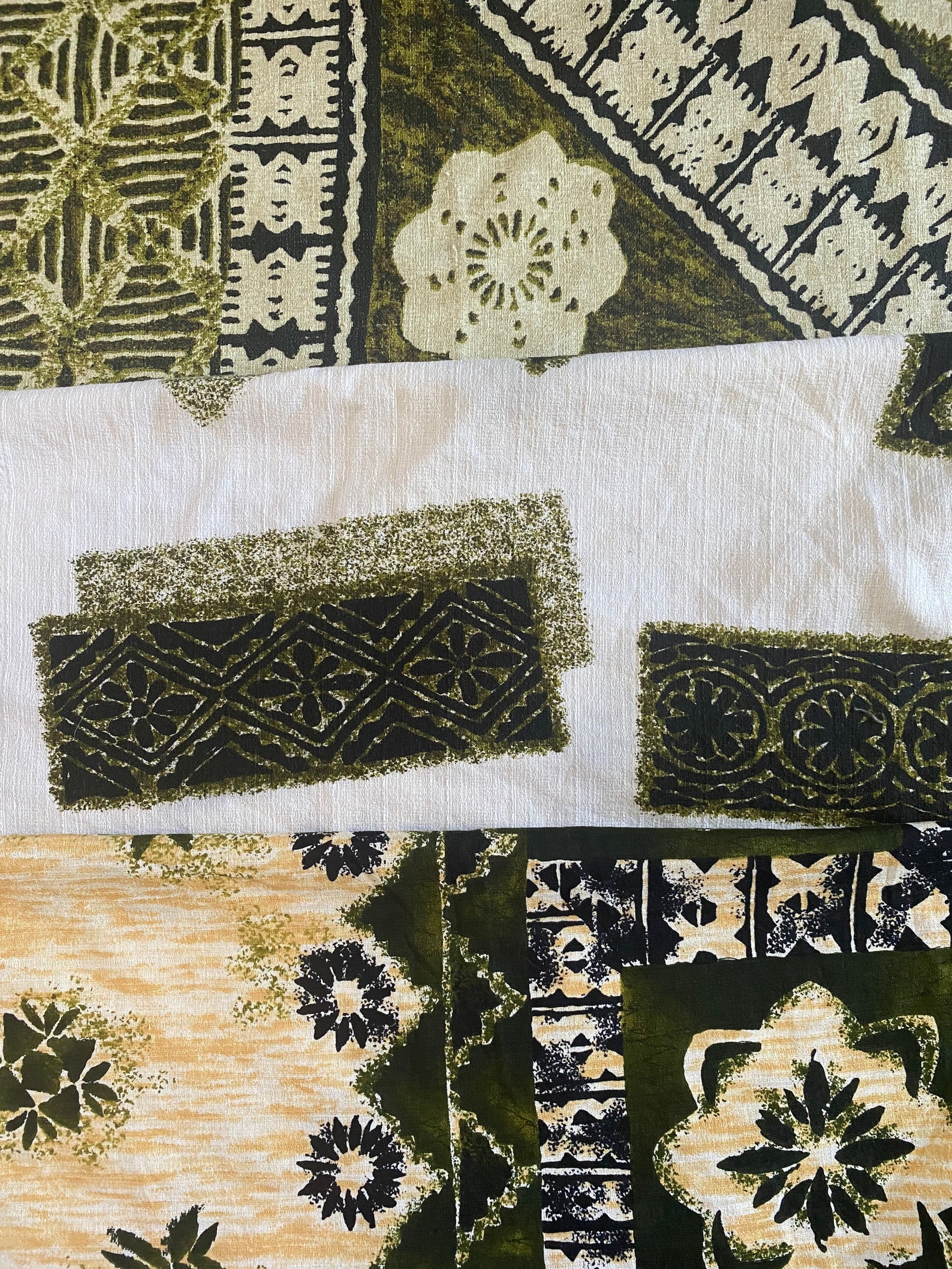 Lot of 3 Vintage Barkcloth Hawaiian Prints. Fabric Remnants. Olive ...