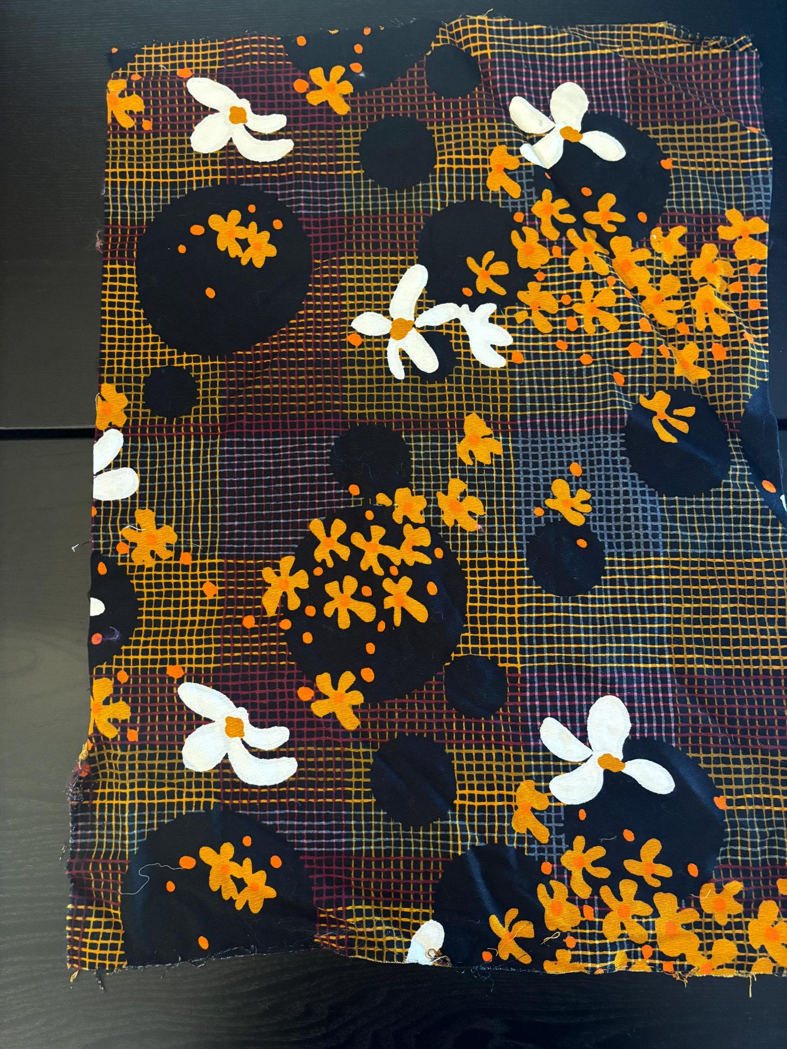 1960’s Barkcloth Black and Mustard Floral Abstract Fabric Remnant. 18 1 ...