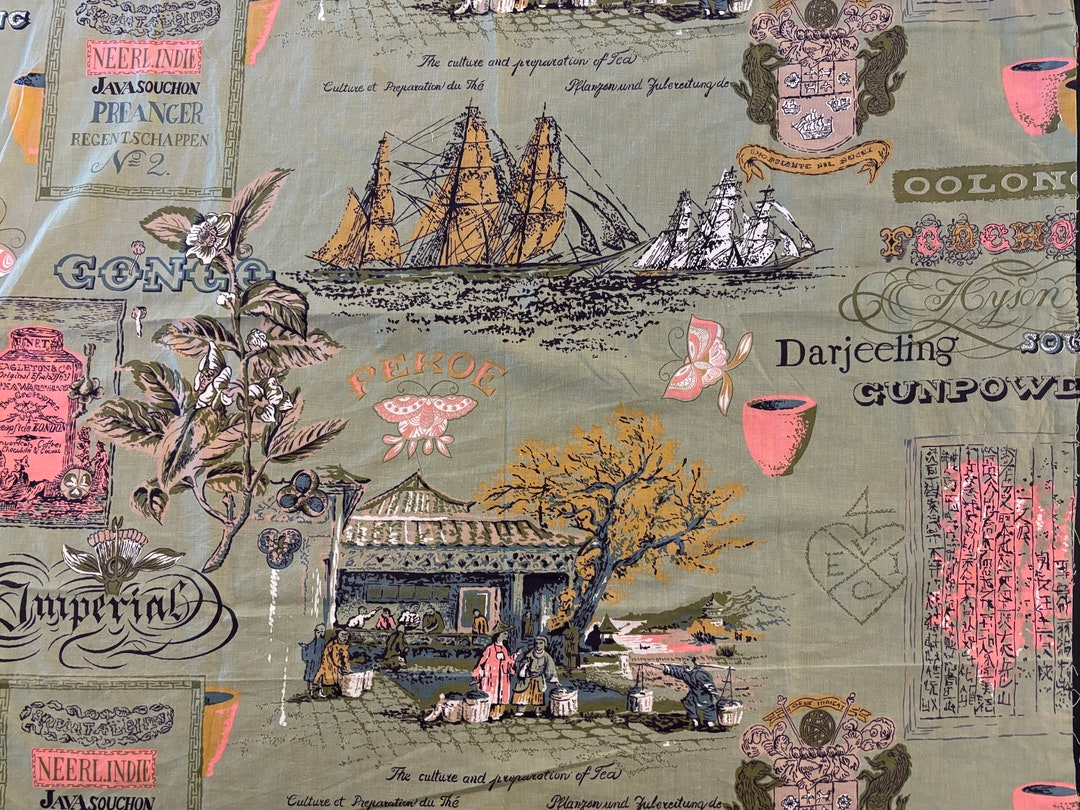Vintage 1950’s/60’s Cotton Fabric Novelty Tea Print Remnant. 32” X 31 ...