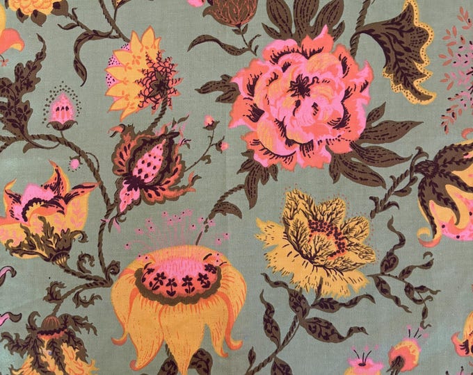 Vintage Yellow and Pink Flowers on Green Ground Canvas Fabric Remnant ...