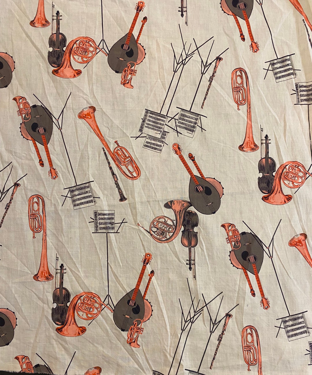 Vintage Cotton Fabric Remnant 20" X 25" Orchestra Musical Instrument ...