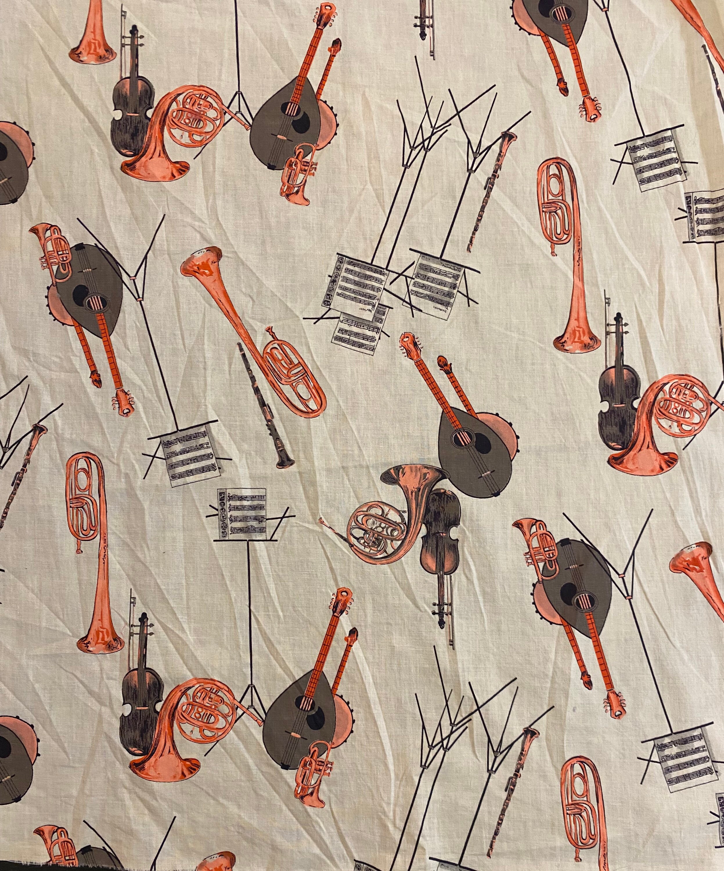 Vintage Cotton Fabric Remnant 20" X 25" Orchestra Musical Instrument ...