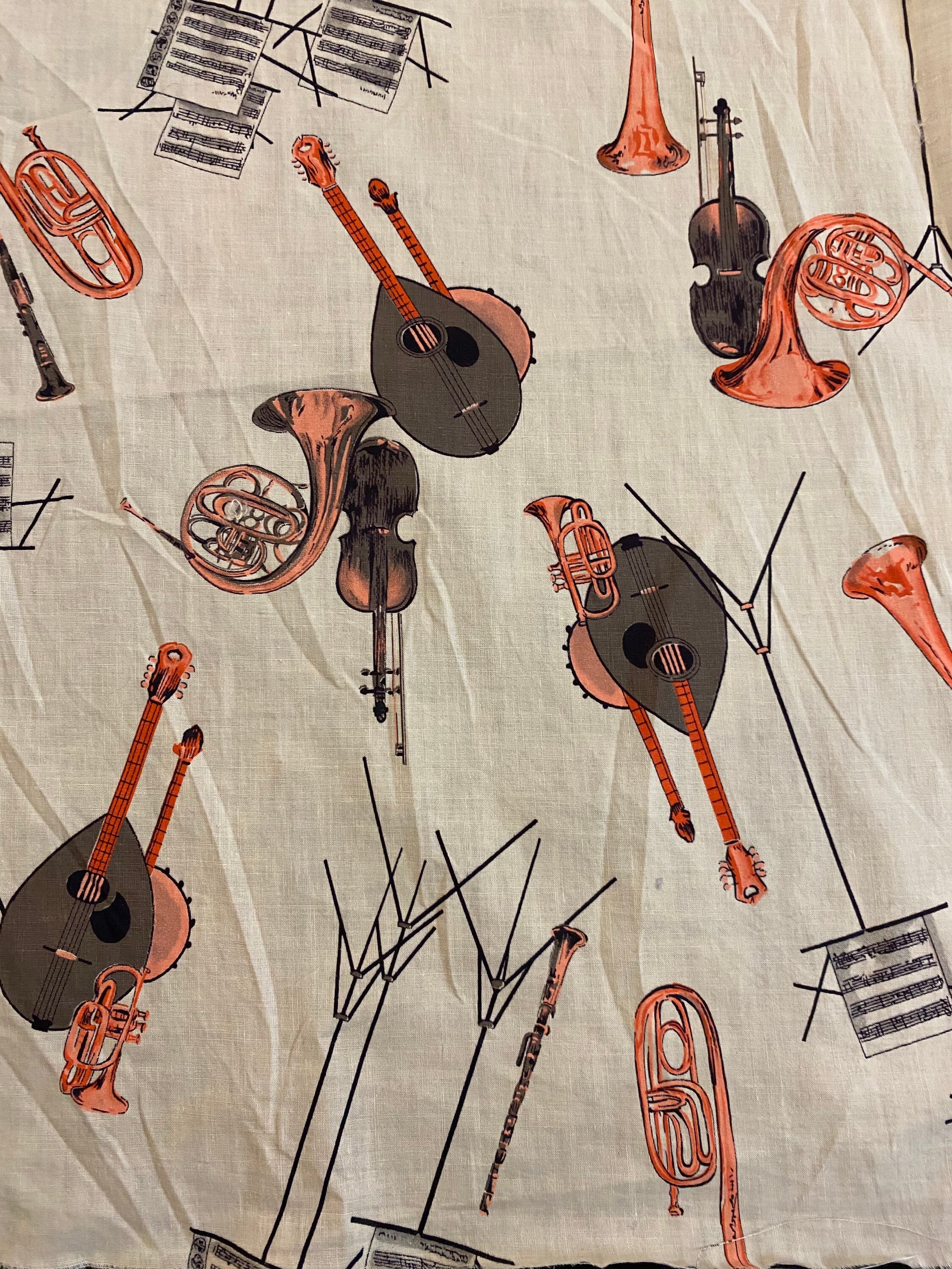 Vintage Cotton Fabric Remnant 20" X 25" Orchestra Musical Instrument ...
