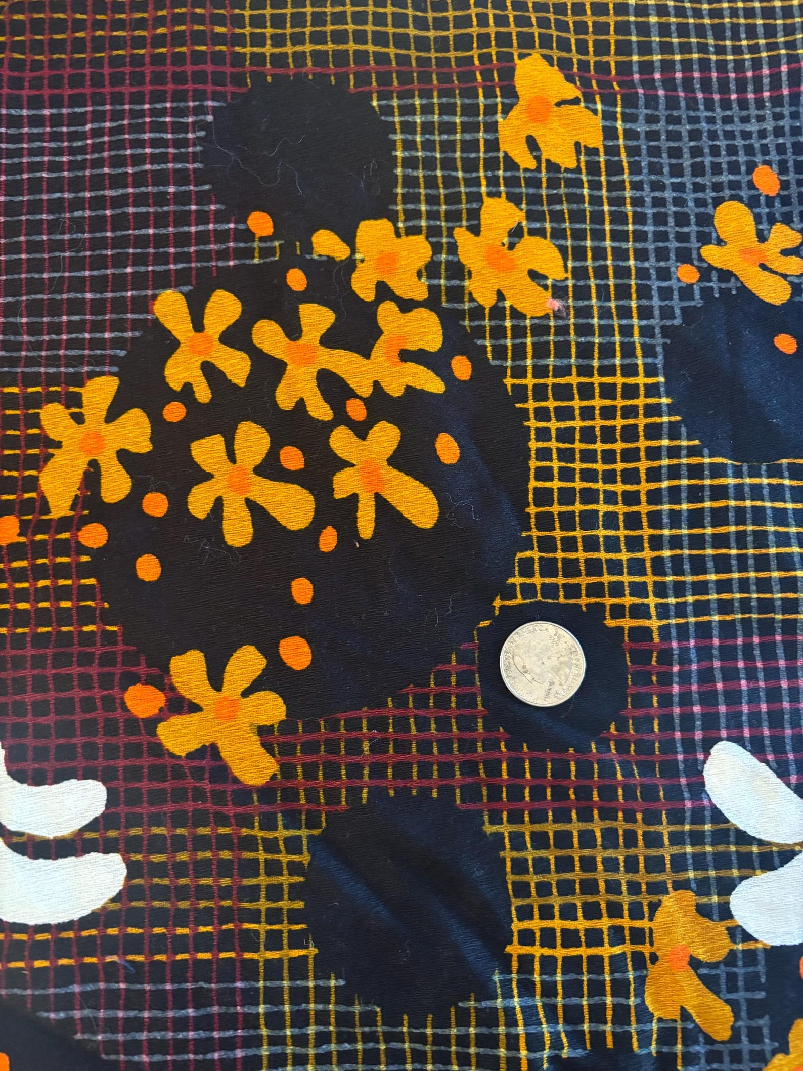 1960’s Barkcloth Black and Mustard Floral Abstract Fabric Remnant. 18 1 ...