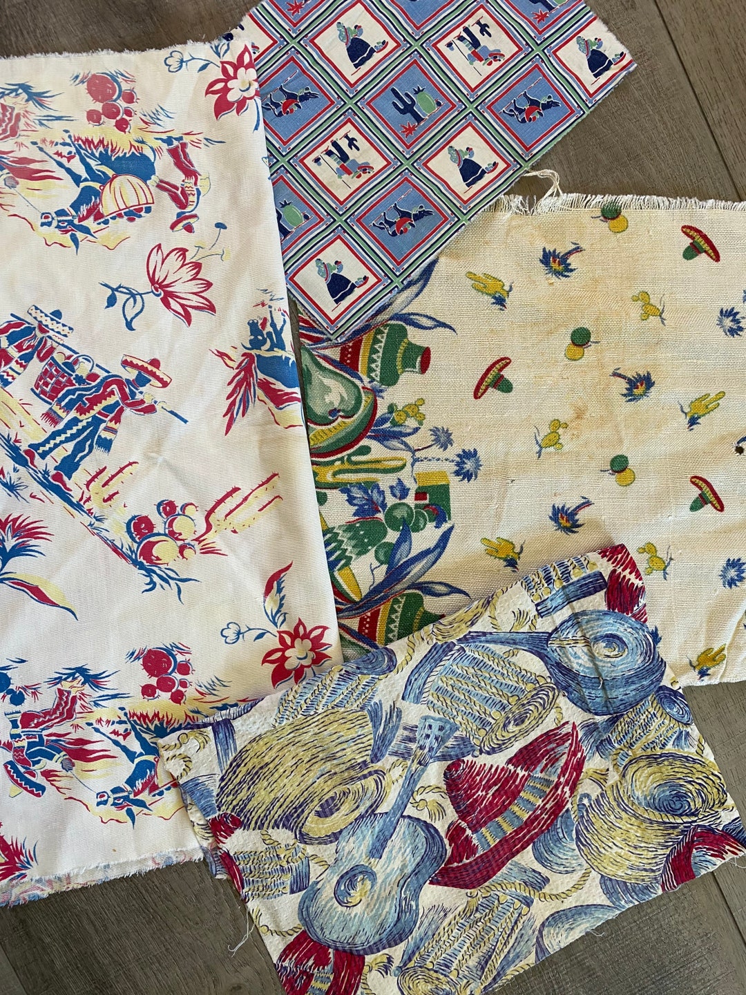 Lot of 4 Vintage Novelty Hispanic Prints Fabric Remnants. Reds and ...