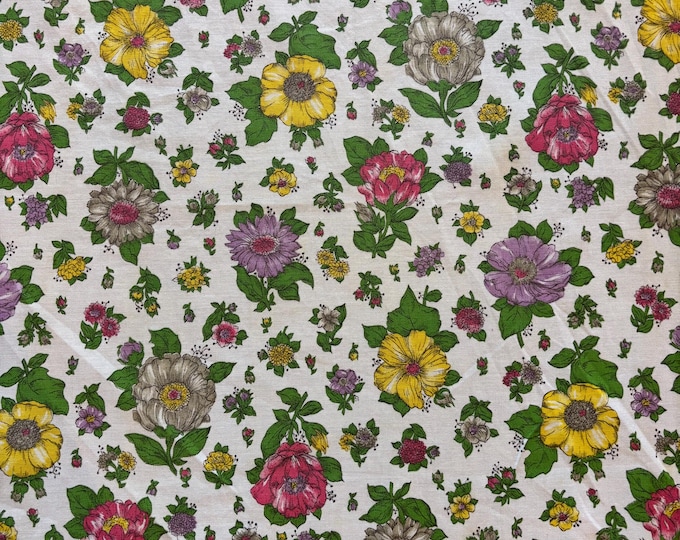 Vintage Yellow and Pink Flowers on Green Ground Canvas Fabric Remnant ...