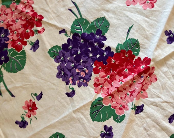 Vintage Yellow and Pink Flowers on Green Ground Canvas Fabric Remnant ...