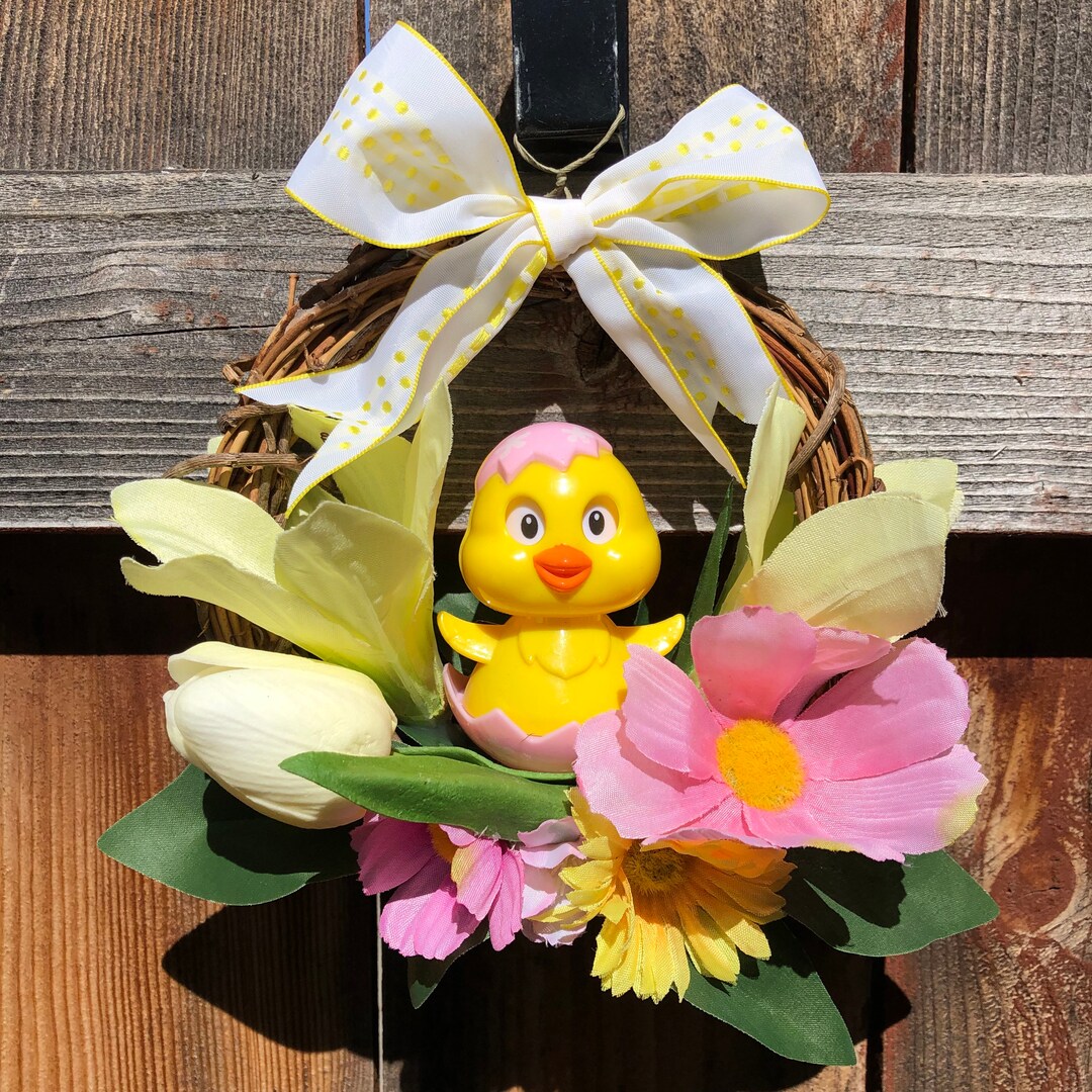 Easter Chick Spring Wreath W Faux Flowers and Vintage Ribbon Bow - Etsy