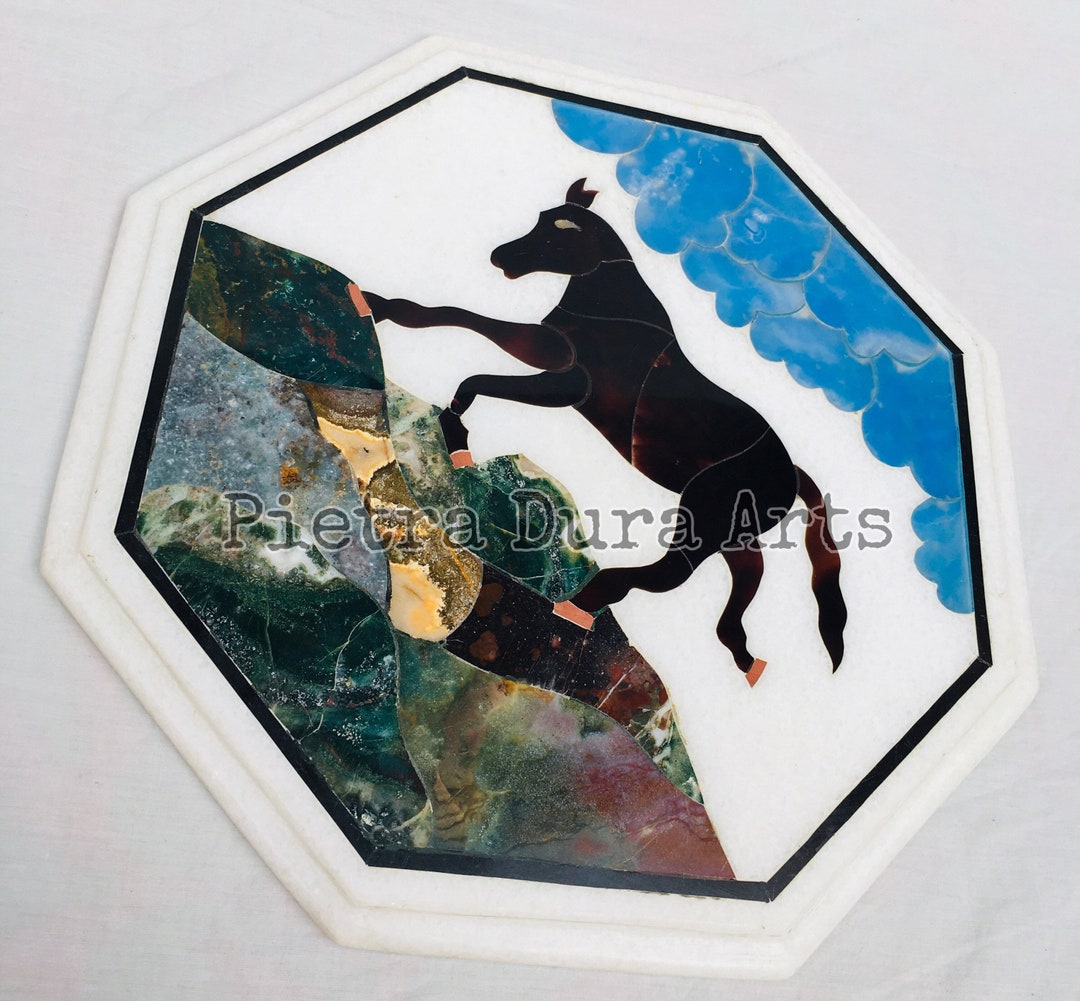 Handcrafted Octagonal Pietra Dura Inlay Art Graceful Horse Design ...