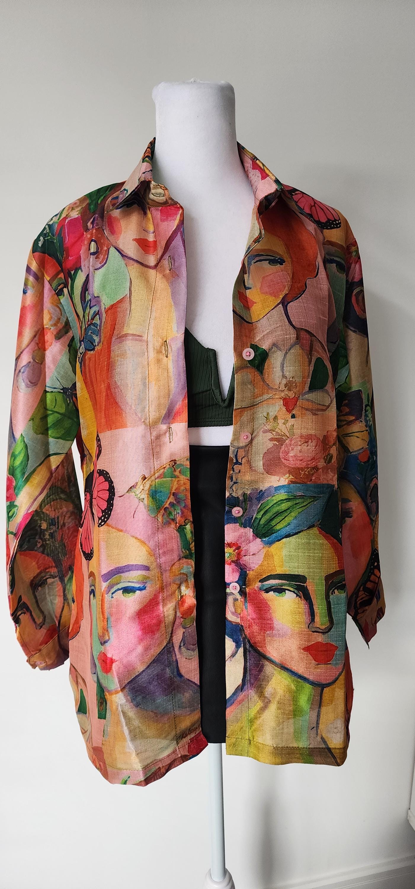 Silk Abstract Face Print Button Down With Pockets - Etsy