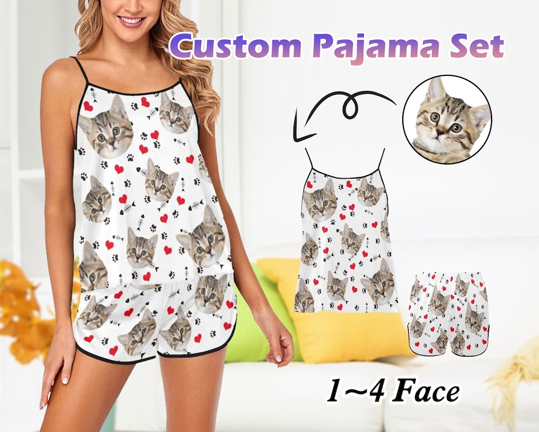 Custom Photo Pajama Set, Pet Cat Pajama Set, Cami Shorts Pj Set, Cami ...