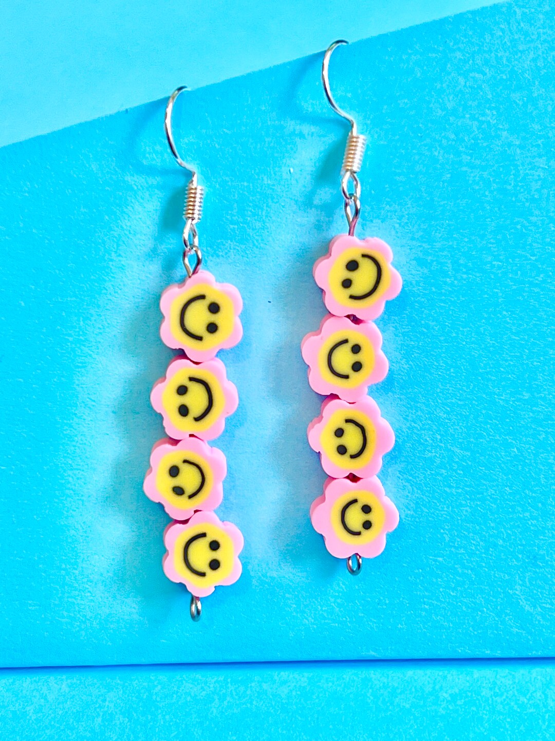 Pink Cute Smiling Flower Dangler Earrings - Pair, Funky, Quirky ...