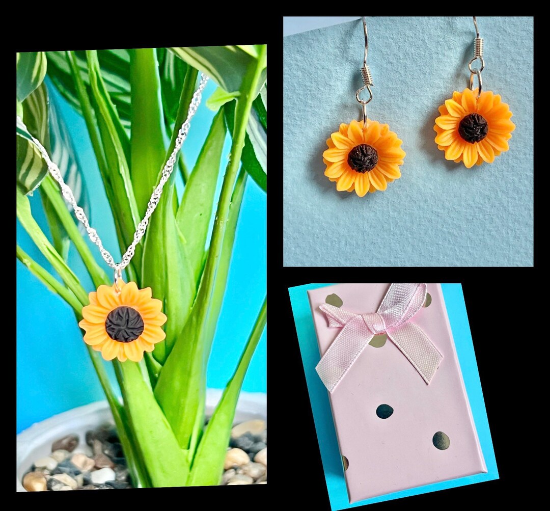 Sunflower Mini Sun Flower, Dangler Earrings, Yellow/orange Funky ...