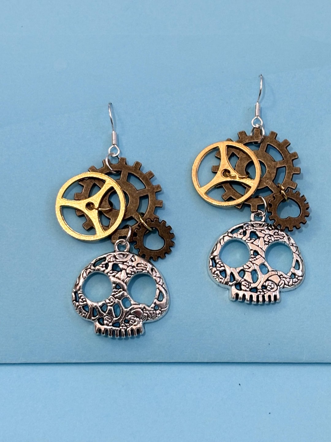 Steampunk Dangle Earrings, Cog, Gears and Skulls, Quirky, Originally ...