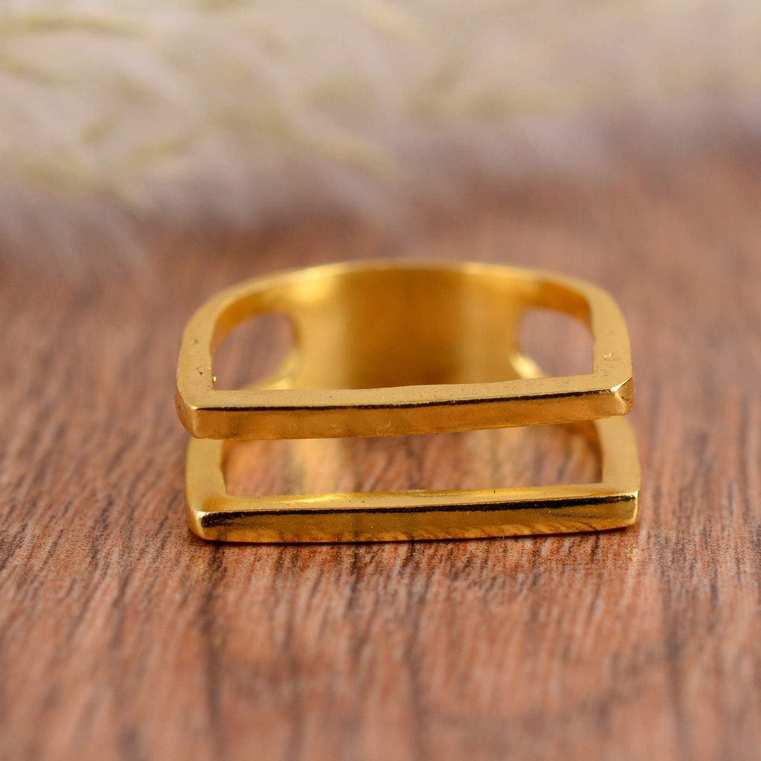 14K Gold Double Bar Ring, Silver Thick Two Line Ring, Flat Bar Ring ...
