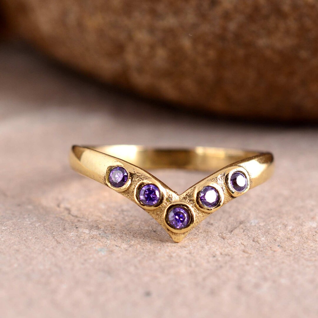 Amethyst Chevron Ring, Gold Plated V Ring, Purple Gemstone Stacking ...