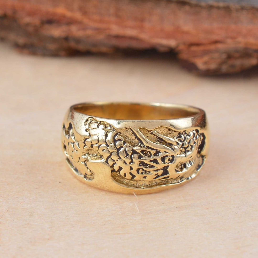 Gold Dragon Ring for Men, Handmade Dragon Band, Mythical Dragon Jewelry ...