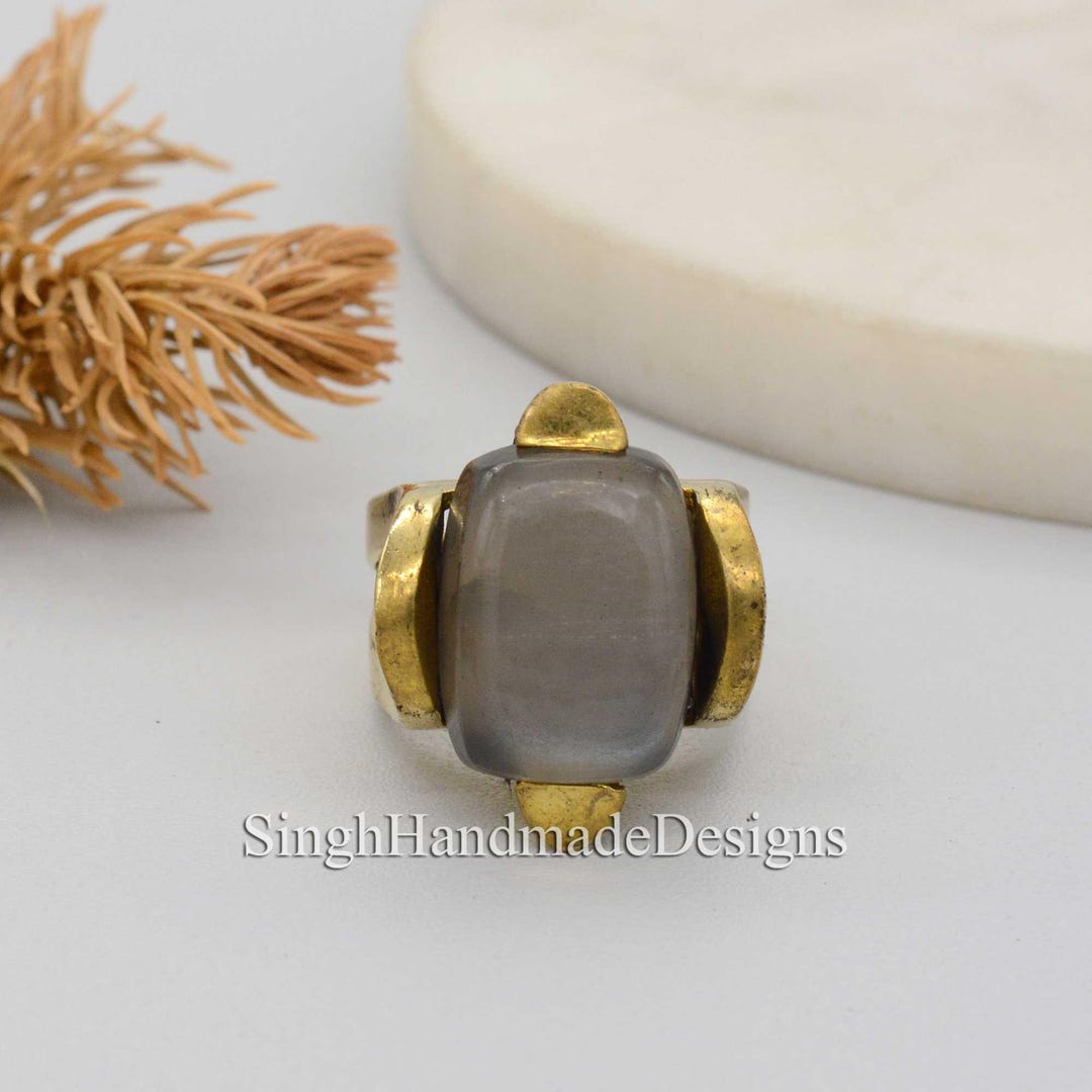 Gray Moonstone Ring: Vintage Brass Boho Statement Jewelry - Etsy