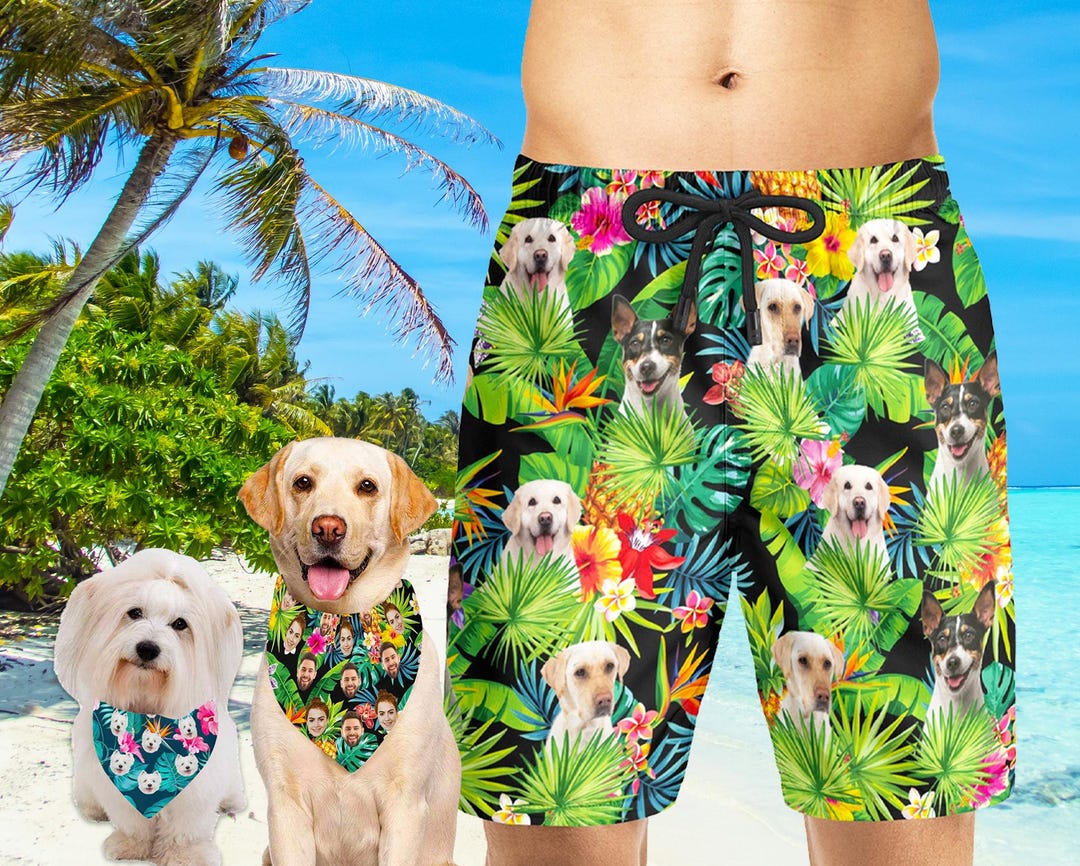 Personalized Dog Face Swim Trunks: Custom Photo Beach Shorts & Bandana ...
