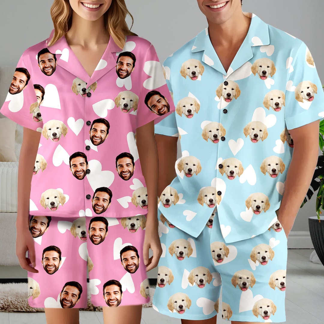 Personalized Pet Face Pajamas, Custom Photo Hearts Pajamas, Face Short Pajama Set for Men Women ...