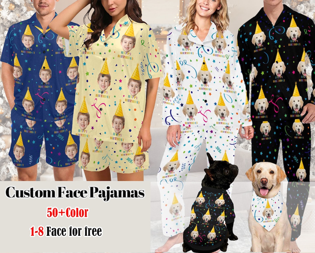 Custom Birthday Pajamas With Face, Custom Women Short Sleeve Pajama Set ...