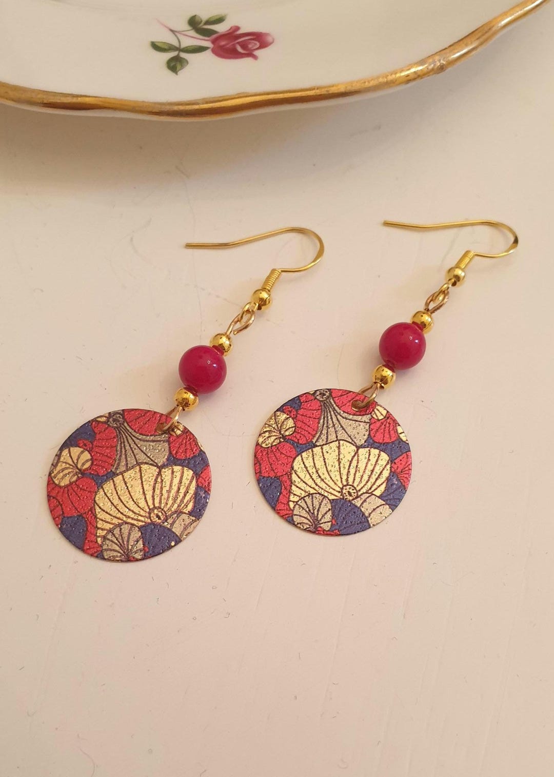 Colourful Brass, Gold Disc Drop Earrings, Ethnic Style, Red Carnelian ...