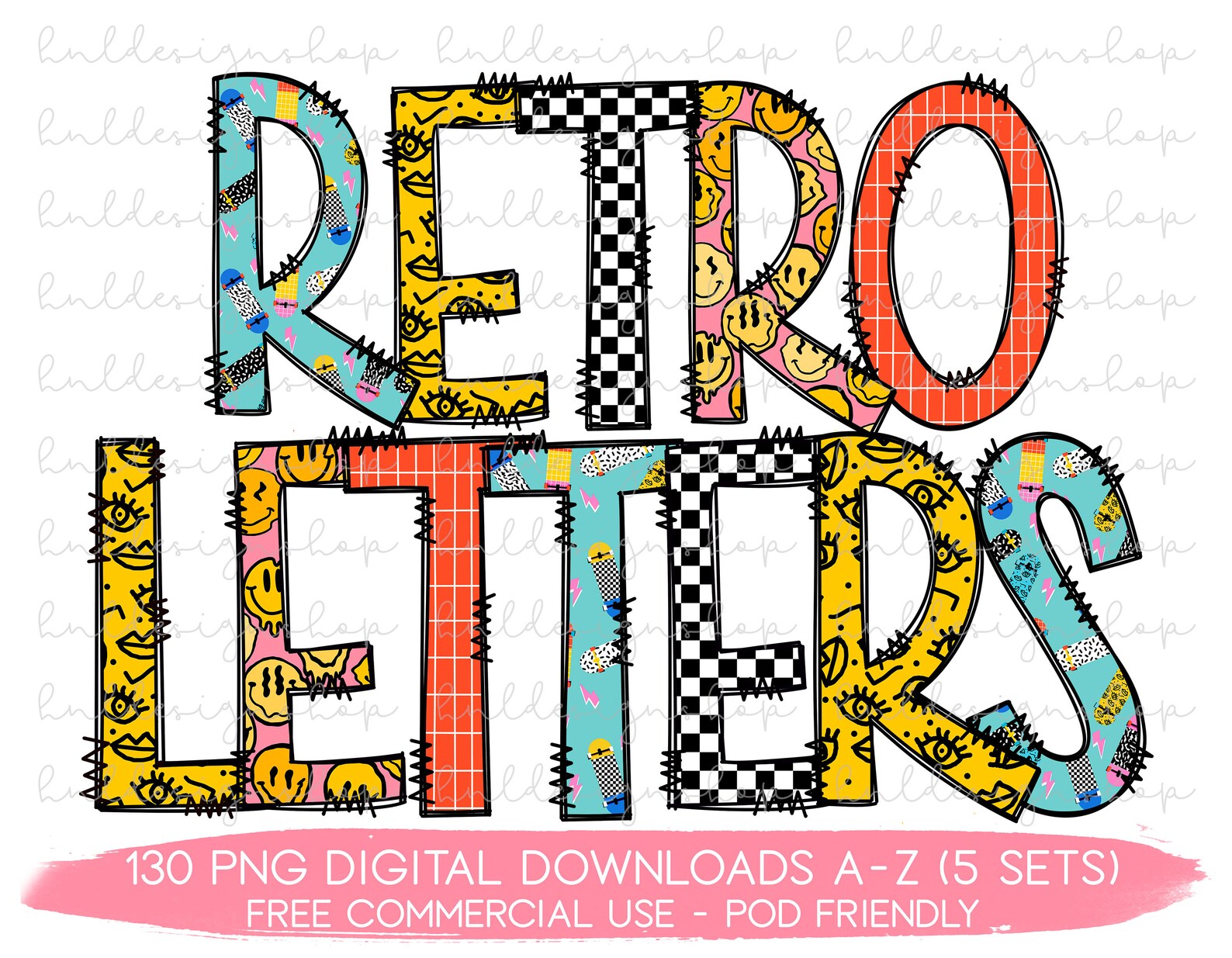 SET OF 5 Retro Doodle Letters Png, Retro Font Png, 80s Sublimation ...