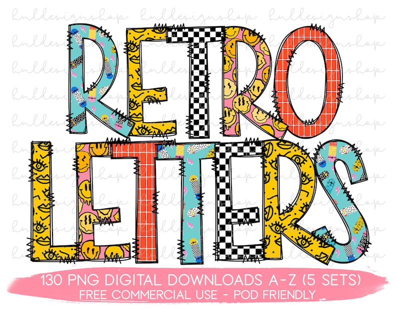 SET OF 5 Retro Doodle Letters Png, Retro Font Png, 80s Sublimation ...