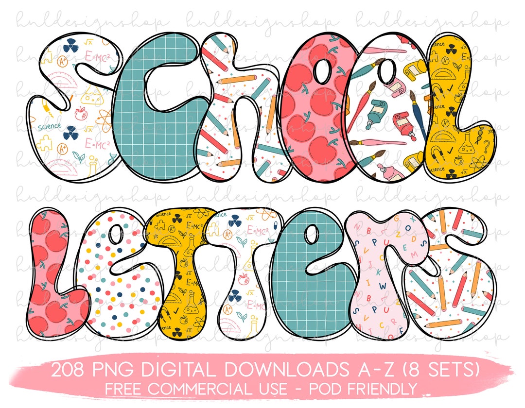 SET OF 8 School Doodle Letters Png, School Font Png, School Girl ...