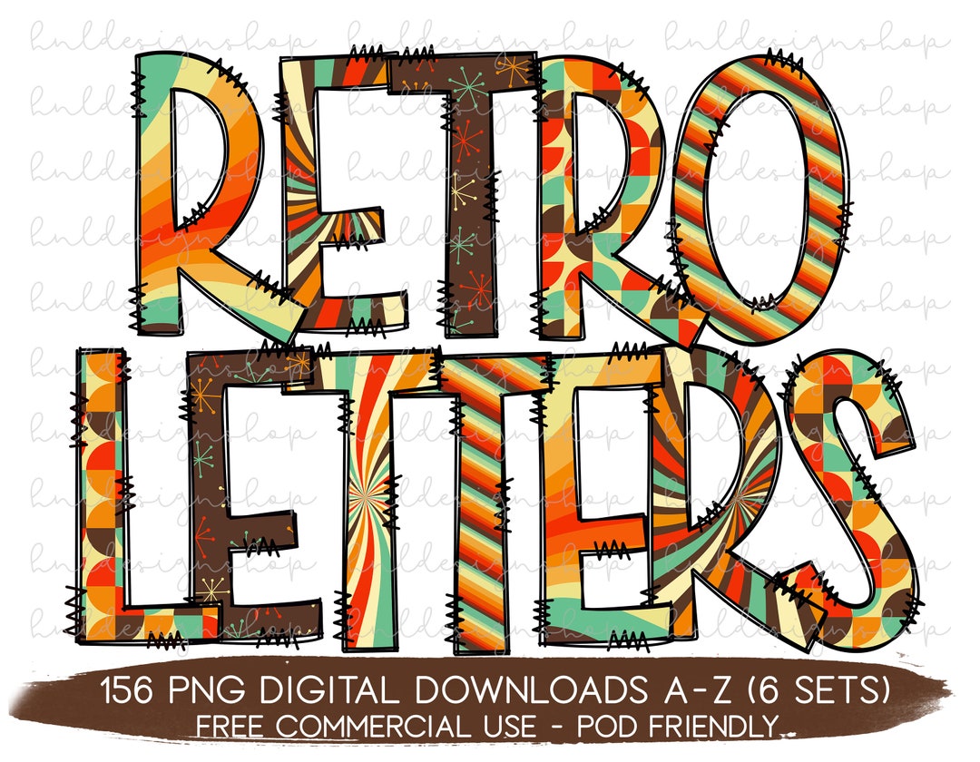 SET OF 6 Retro Doodle Letters Png, Retro Font Png, 80s Sublimation ...