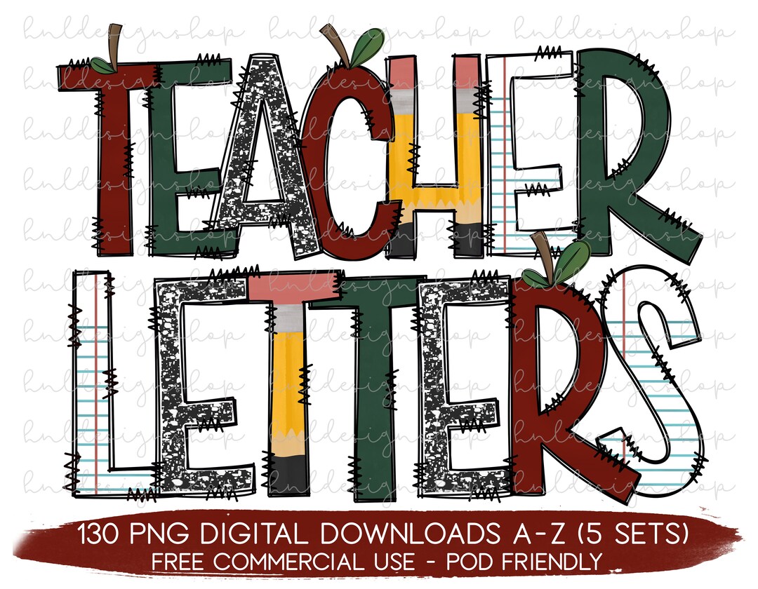 SET OF 5 Teacher Doodle Letter Png, Teacher Font Png, Back to School ...