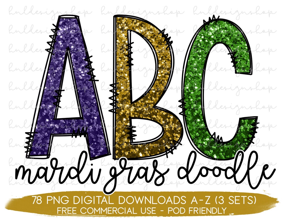 SET OF 3 - Mardi Gras Doodle Letters Png, Glitter Doodle Letters, Mardi ...