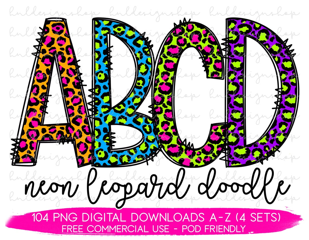 SET OF 4 Neon Leopard Print Doodle Letters PNG, Bundle Leopard Font Png ...