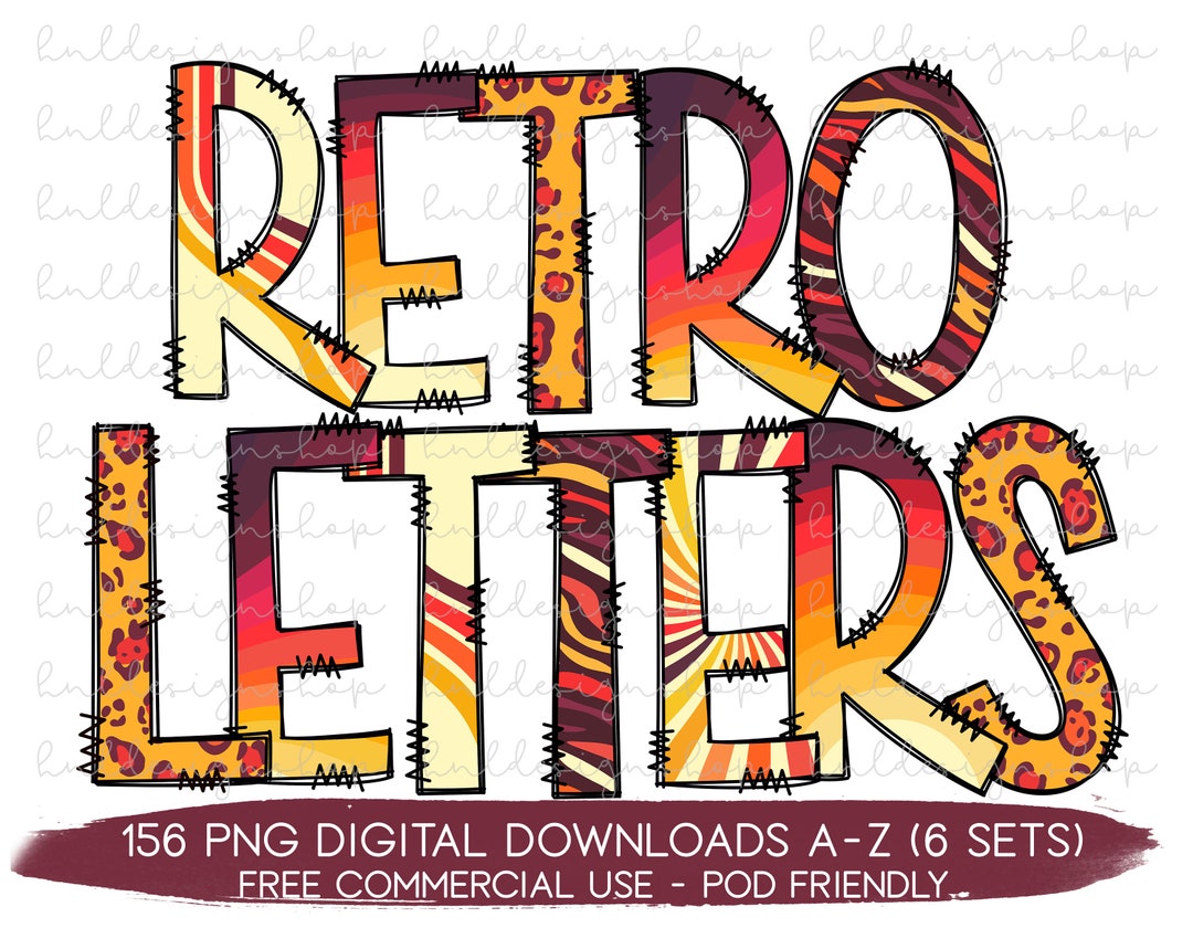 SET OF 6 Retro Doodle Letters Png, Retro Font Png, 80s Sublimation ...