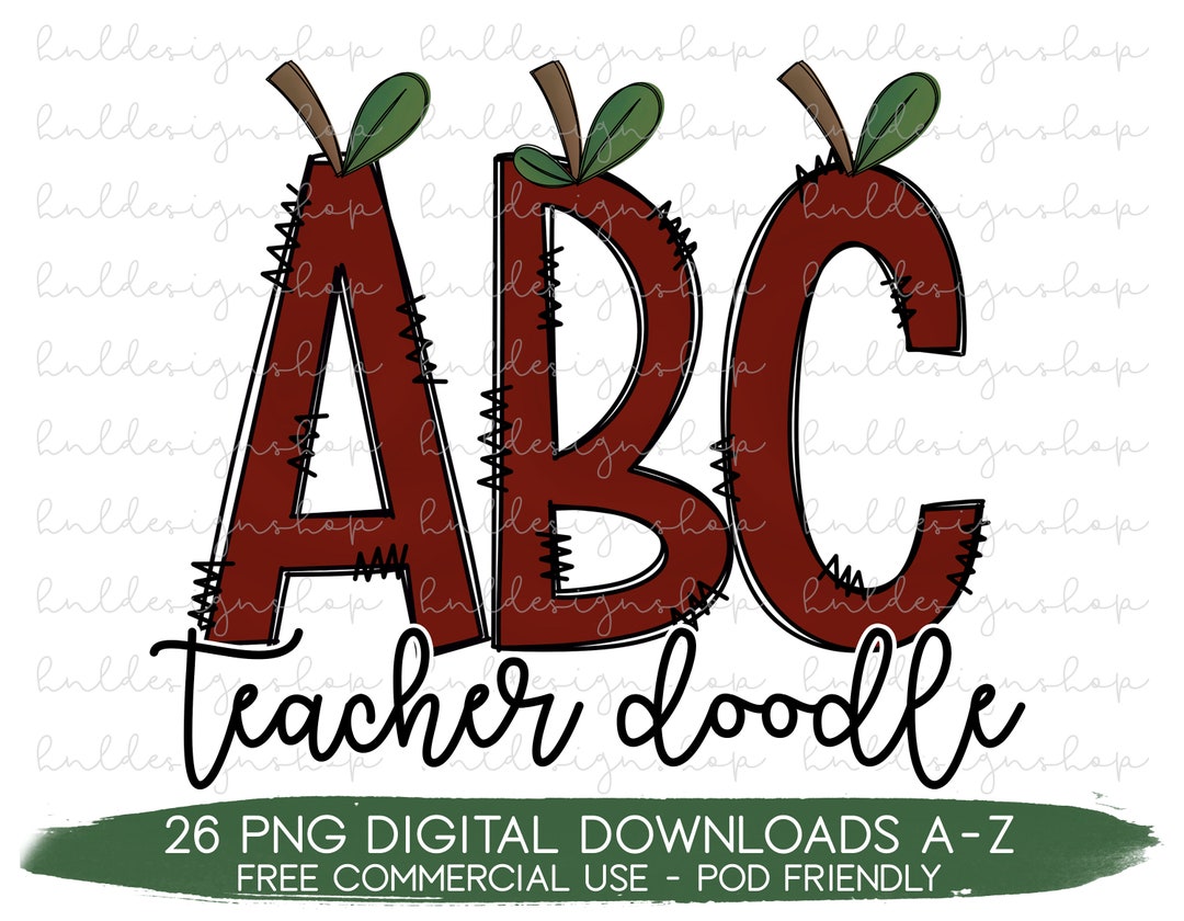 Apple Doodle Letter Png, Teacher Font Png, Back to School Sublimation ...