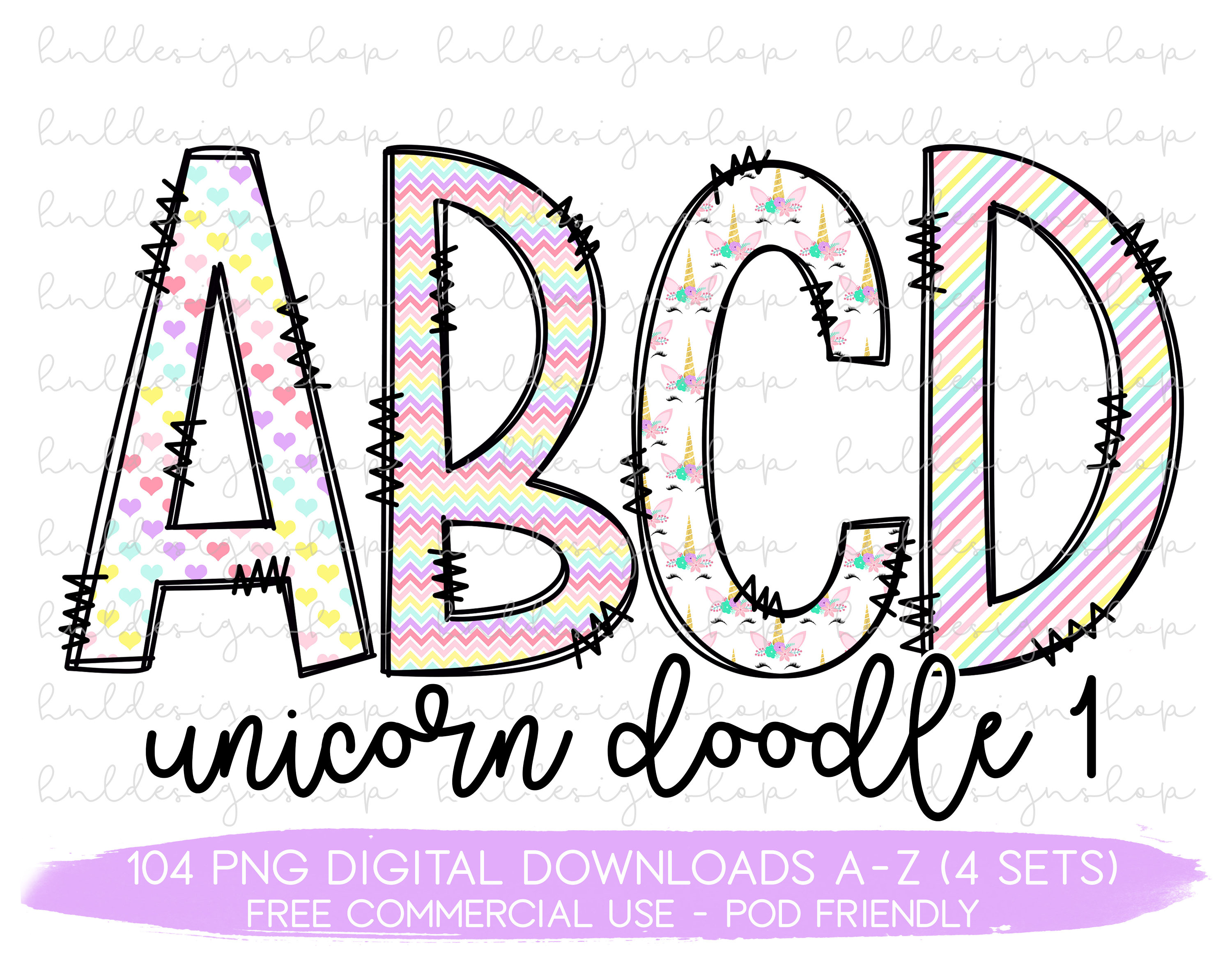 SET OF 4 Unicorn Doodle Letters Png Unicorn Font Png Girl - Etsy