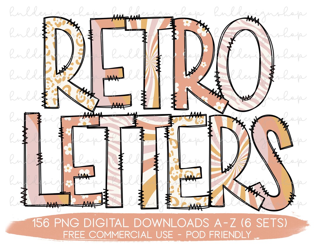 SET OF 6 Retro Doodle Letters Png, Retro Font Png, 80s Sublimation ...