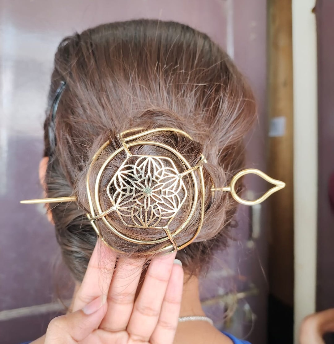 Minimalist Brass Hair Bun Holder & Maker, Gold Bun Cage With Hair Fork ...