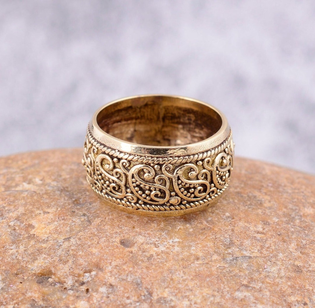 Handmade Wide Brass Band Ring: Floral Design - Etsy