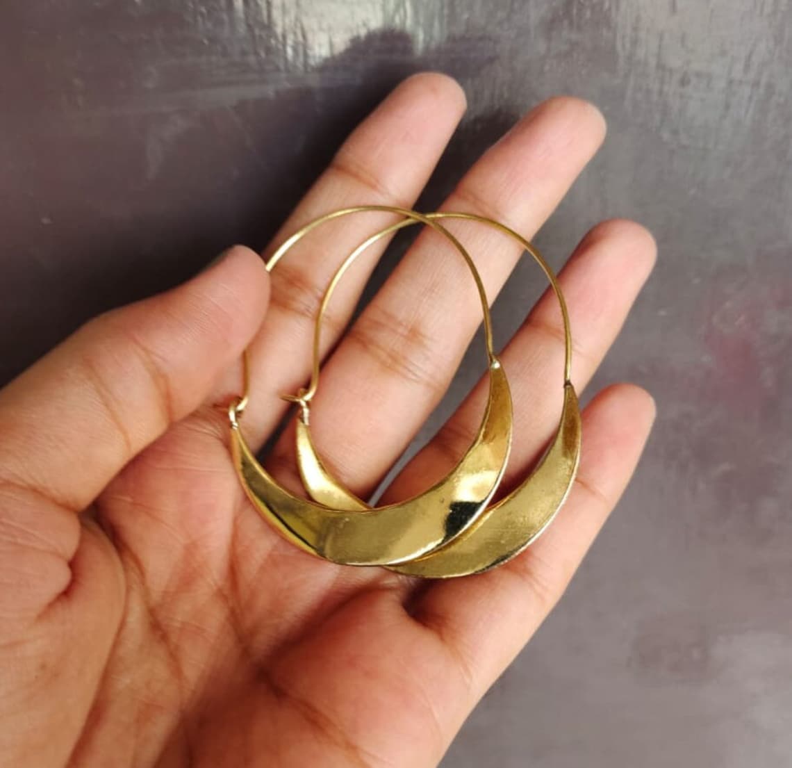 Gold Brass Half Moon Hoop Earrings: Tribal Crescent Jewelry - Etsy