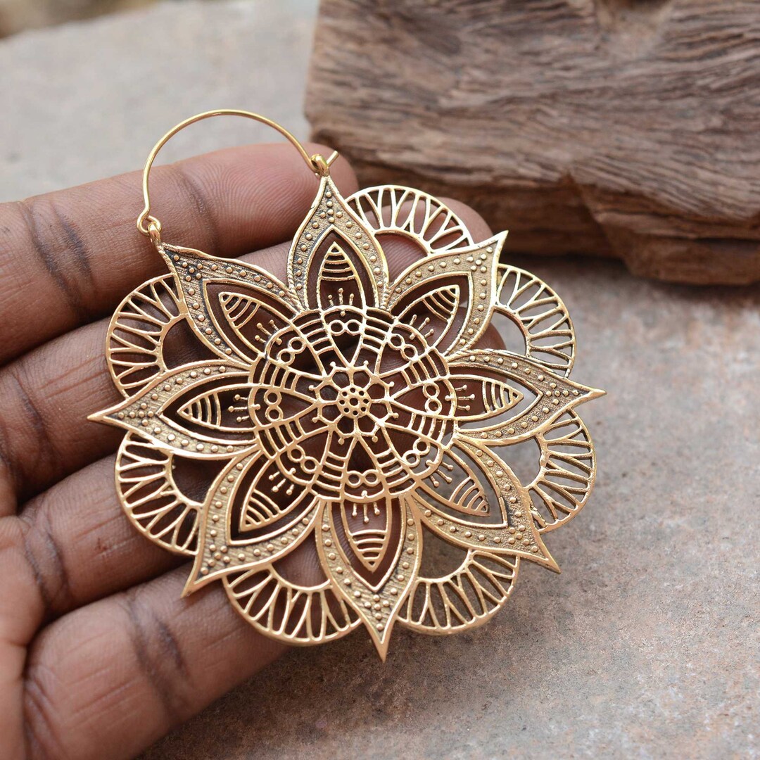 Brass Mandala Earrings: Boho Tribal Lotus Flower Hoops - Etsy