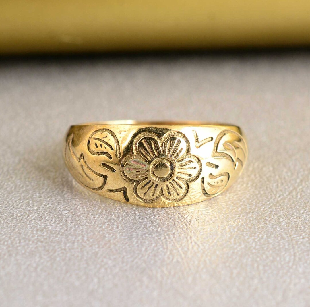 Handmade Brass Floral Engraved Dome Ring: Vintage Boho Jewelry - Etsy