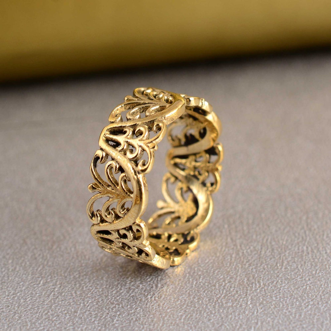 Gold Filigree Women's Band Ring, Gold Antique Floral Wedding Ring, Wide ...