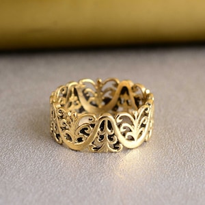 Gold Filigree Women's Band Ring, Gold Antique Floral Wedding Ring, Wide ...
