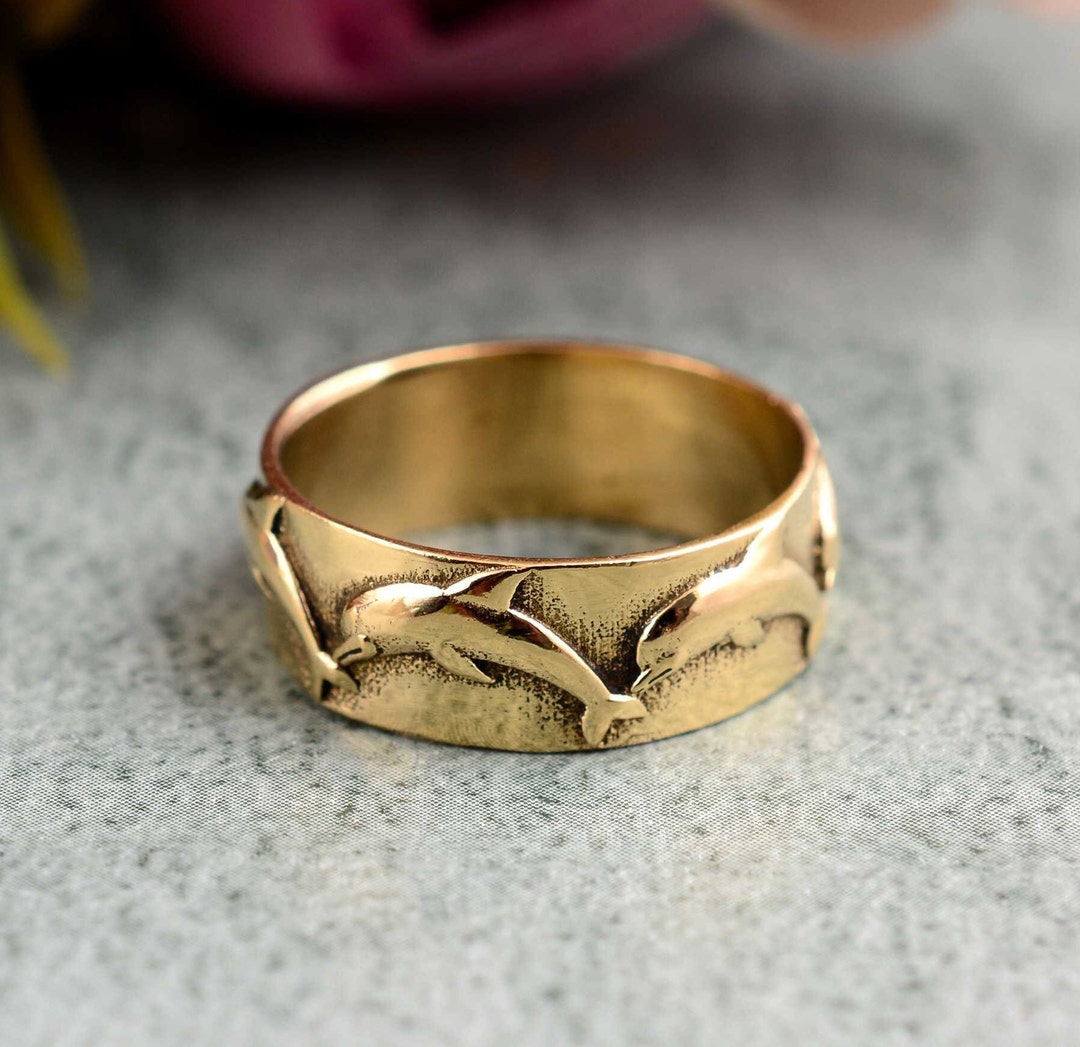 Dolphin Gold Ring , Gold Brass Running Dolphin Ocean Ring , Pod of ...