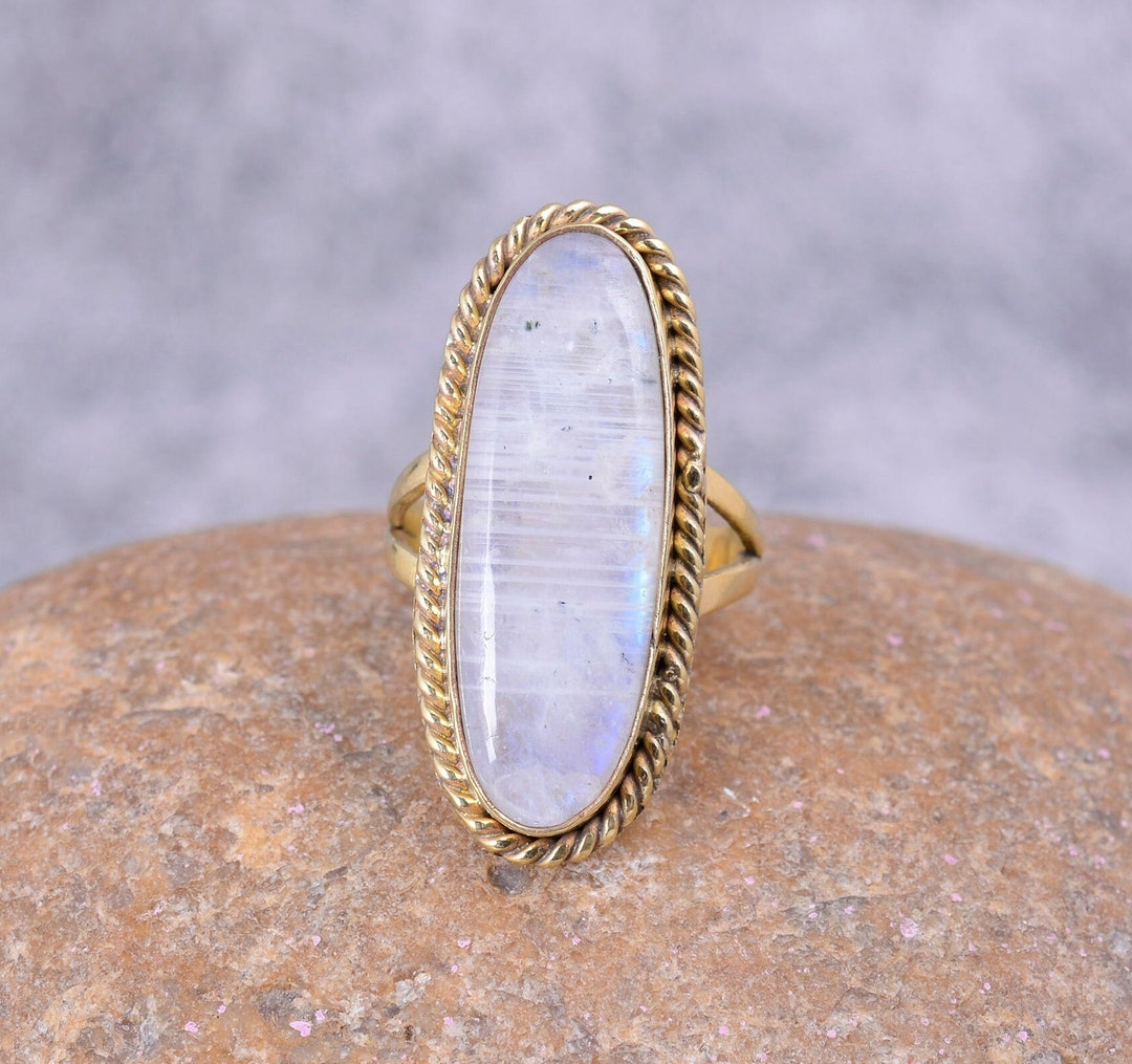 Natural Long Oval Moonstone Gold Ring, Statement Ring, Gemstone Ring ...