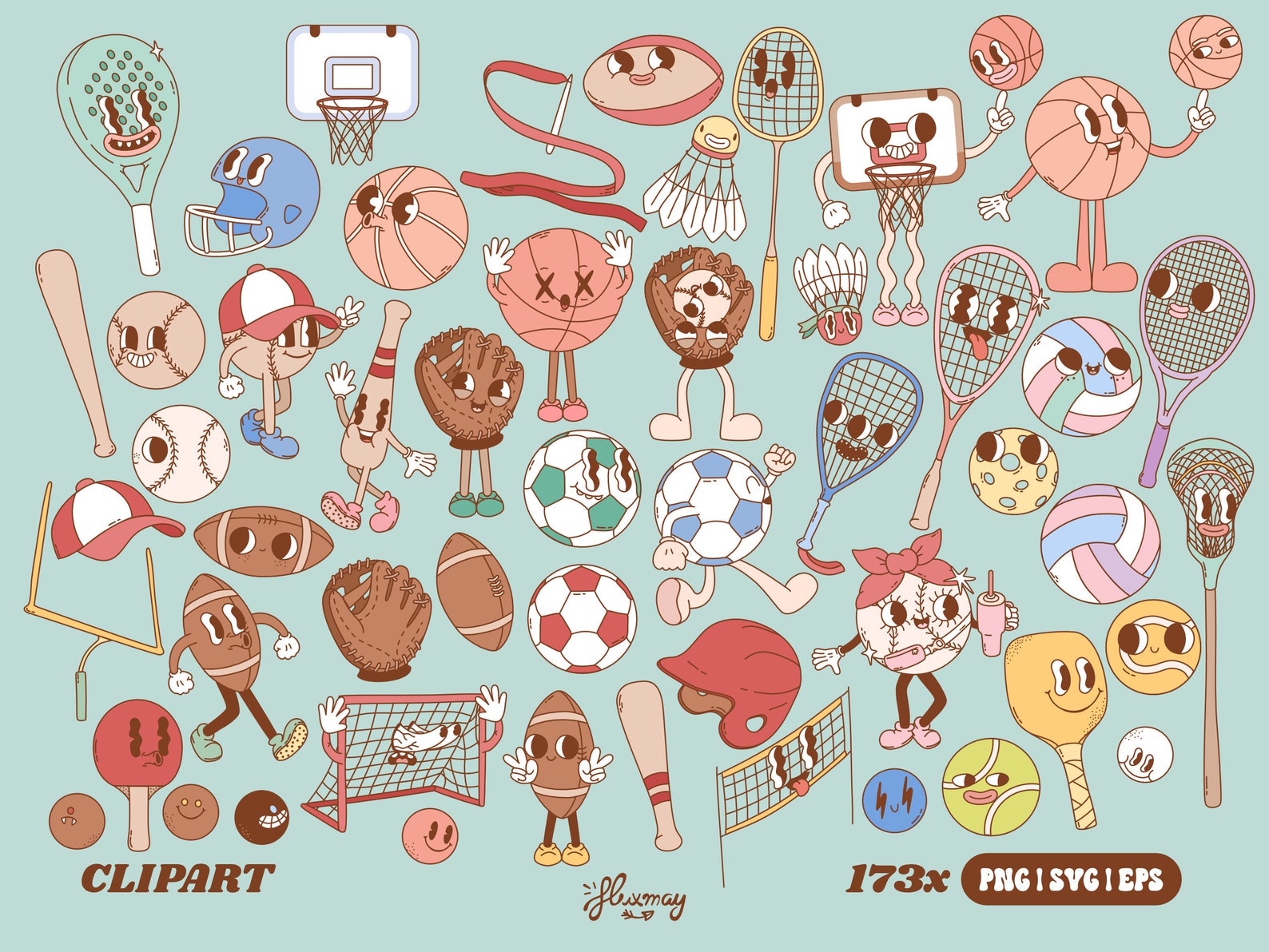 Groovy Retro Sports Clipart Bundle: Mascot Maker (PNG, SVG, EPS) Vector ...