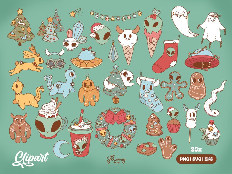 Cute Cryptid Christmas Clipart Bundle Groovy Retro - Etsy Australia