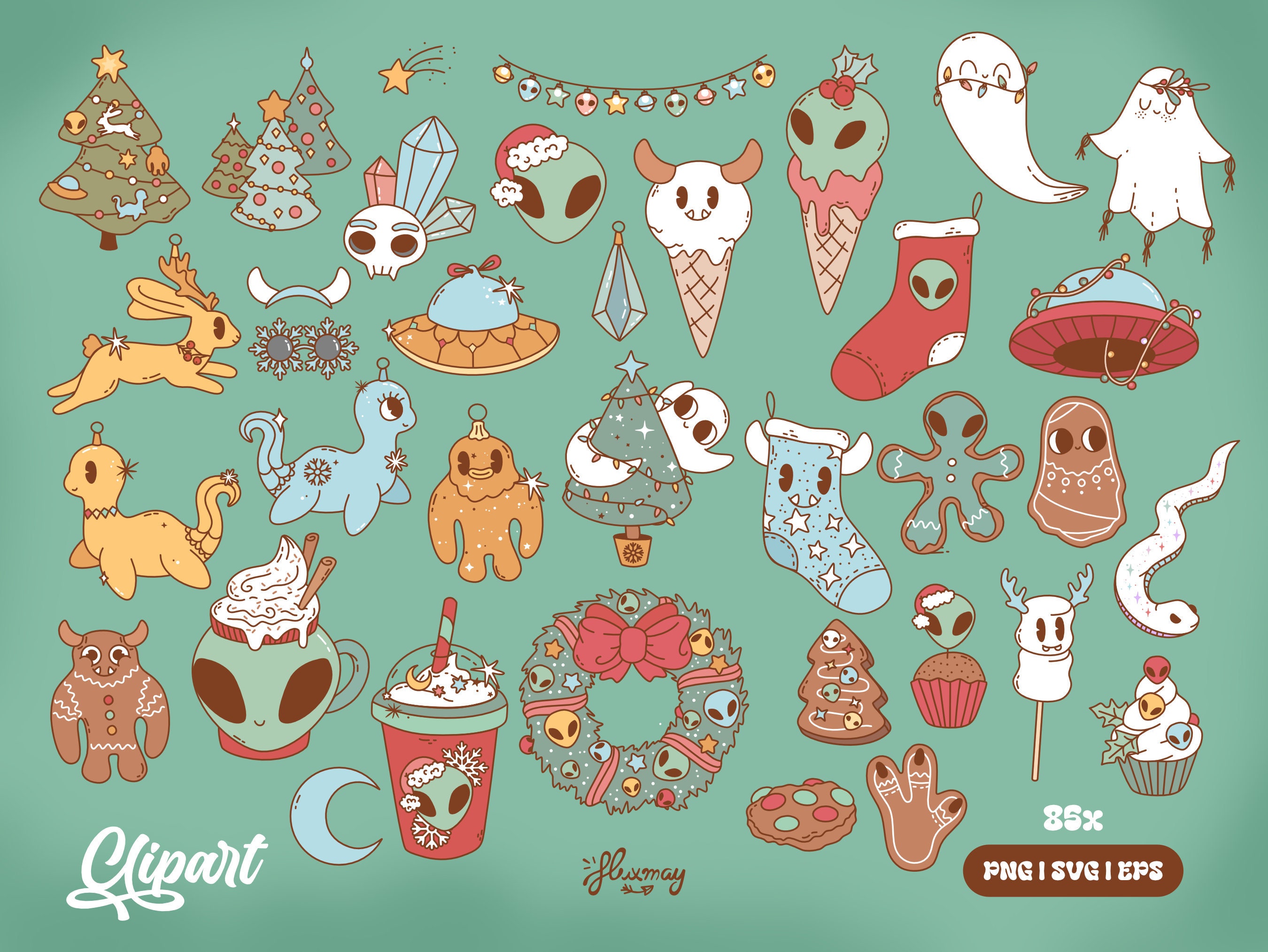 Cute Cryptid Christmas Clipart Bundle, Groovy Retro Characters, Chibi ...