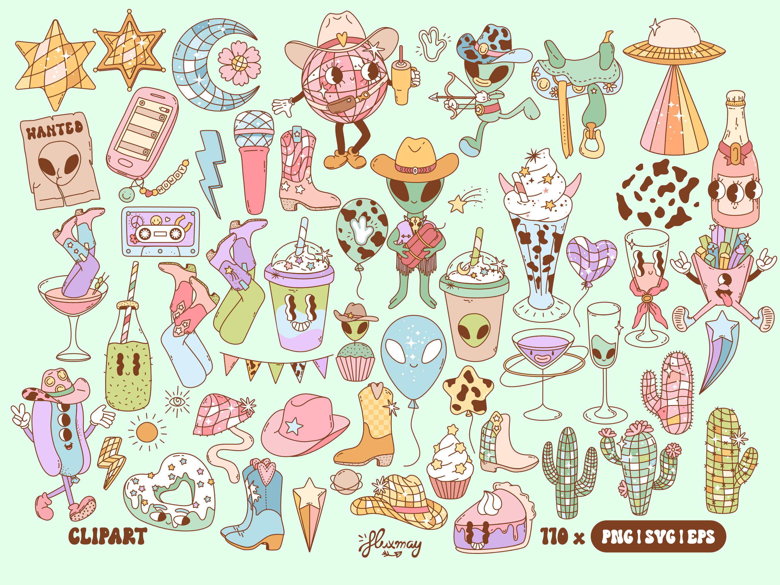 Cosmic Disco Rodeo, Groovy Western Retro Clipart Bundle, UFO, Aliens ...